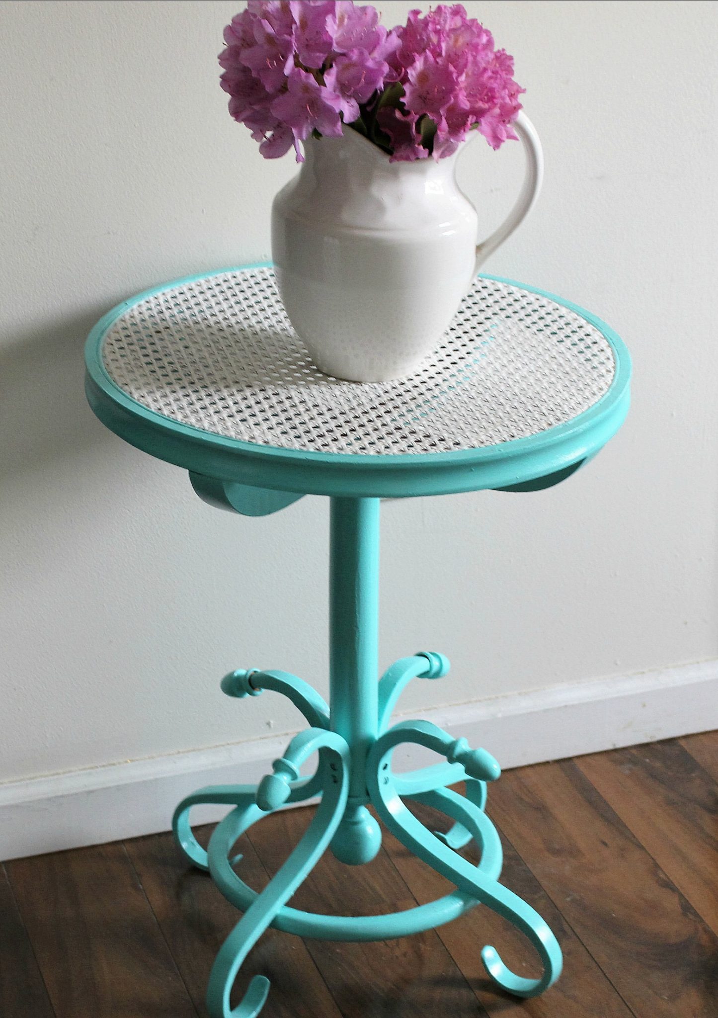 Thrift Store Cane Top Table Makeover In Gorgeous Aqua Our Crafty Mom