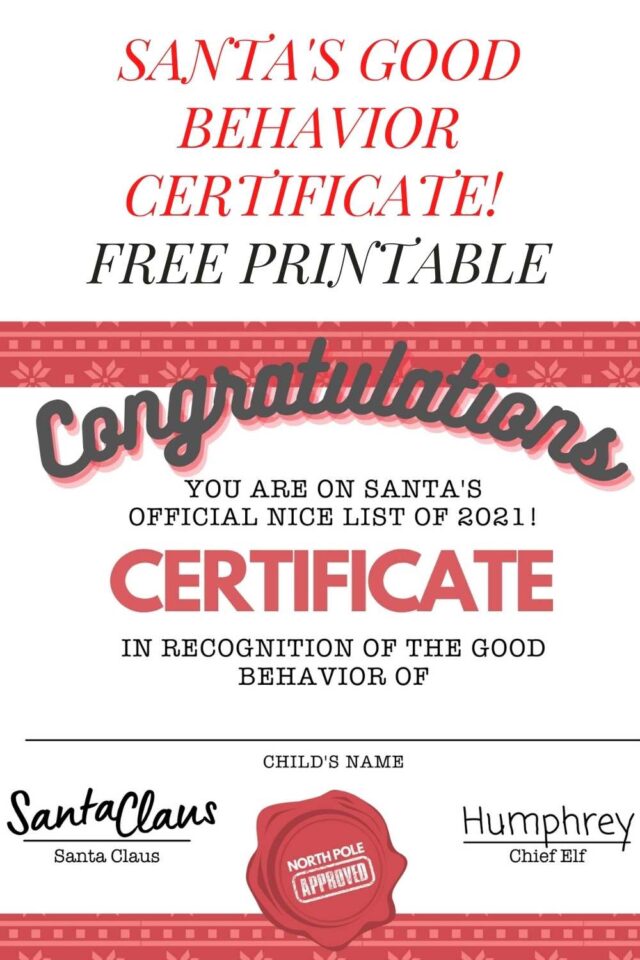 Santa’s Good Behavior Certificate Free Christmas Printable