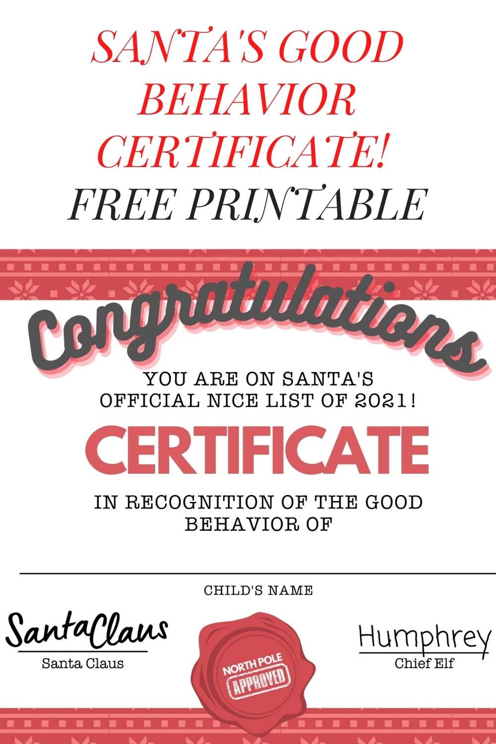 Santa’s Good Behavior Certificate Free Christmas Printable