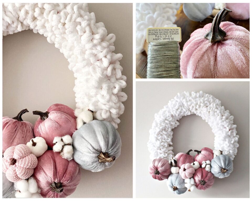 Easy Loop Yarn Wreath for Fall with Velvet Pumpkins