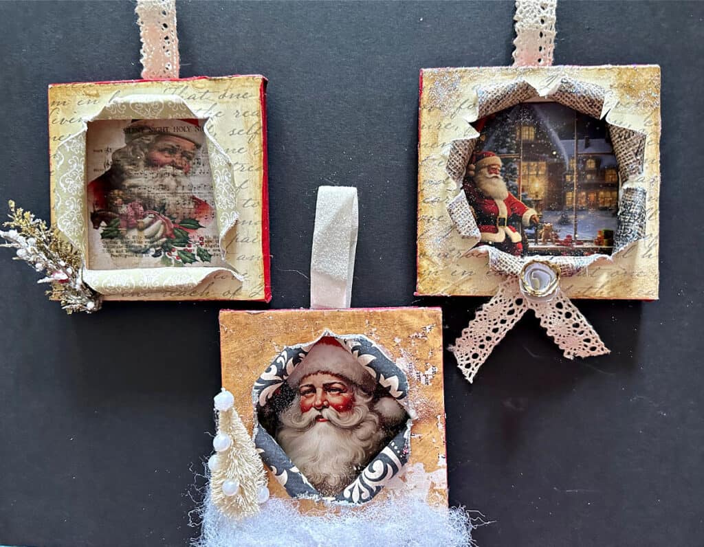 How to Make Easy Mini Busted Canvas Vintage Santa Ornaments
