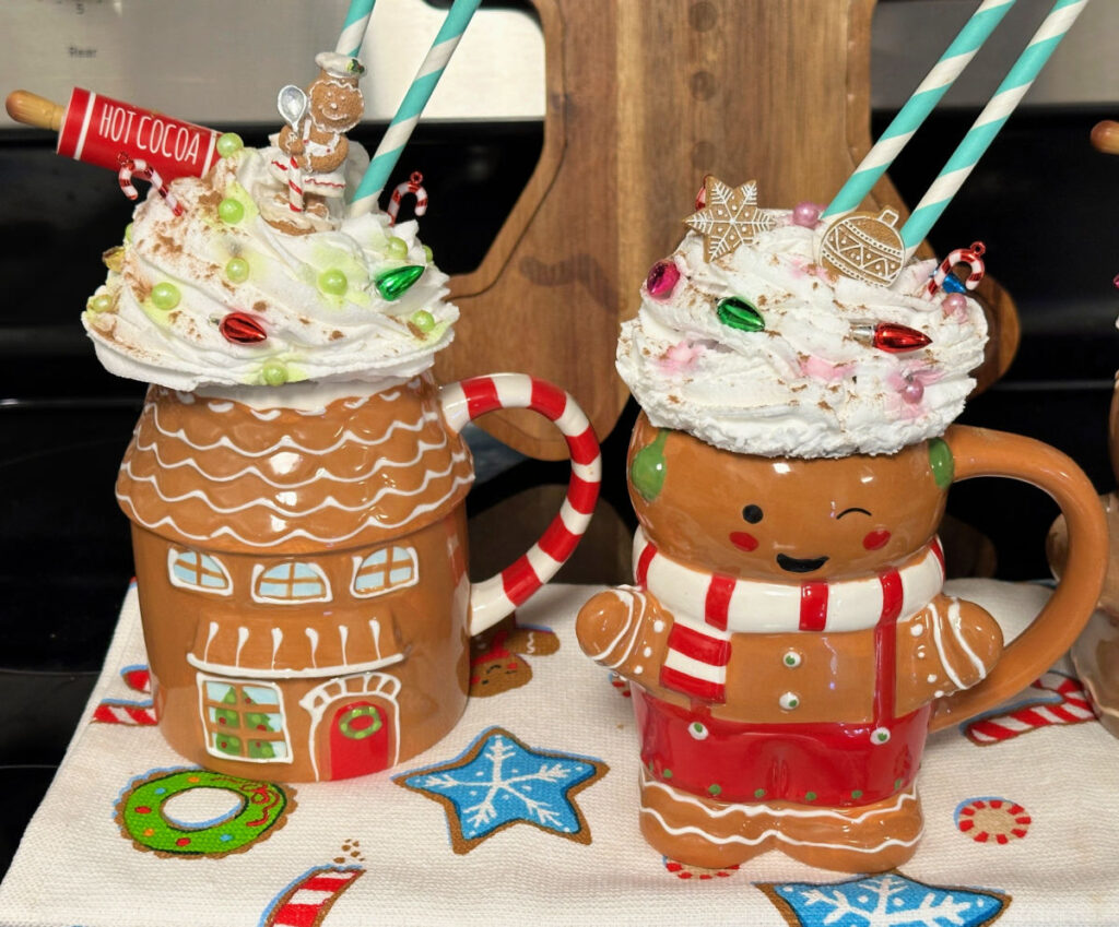DIY Gingerbread Mugs with Faux Whipped Cream Toppers