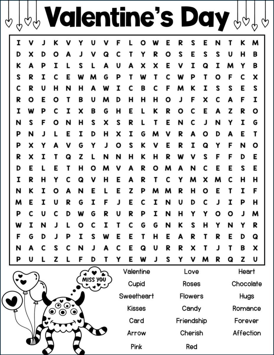 Valentine's Day Word Search Free Printable for Kids