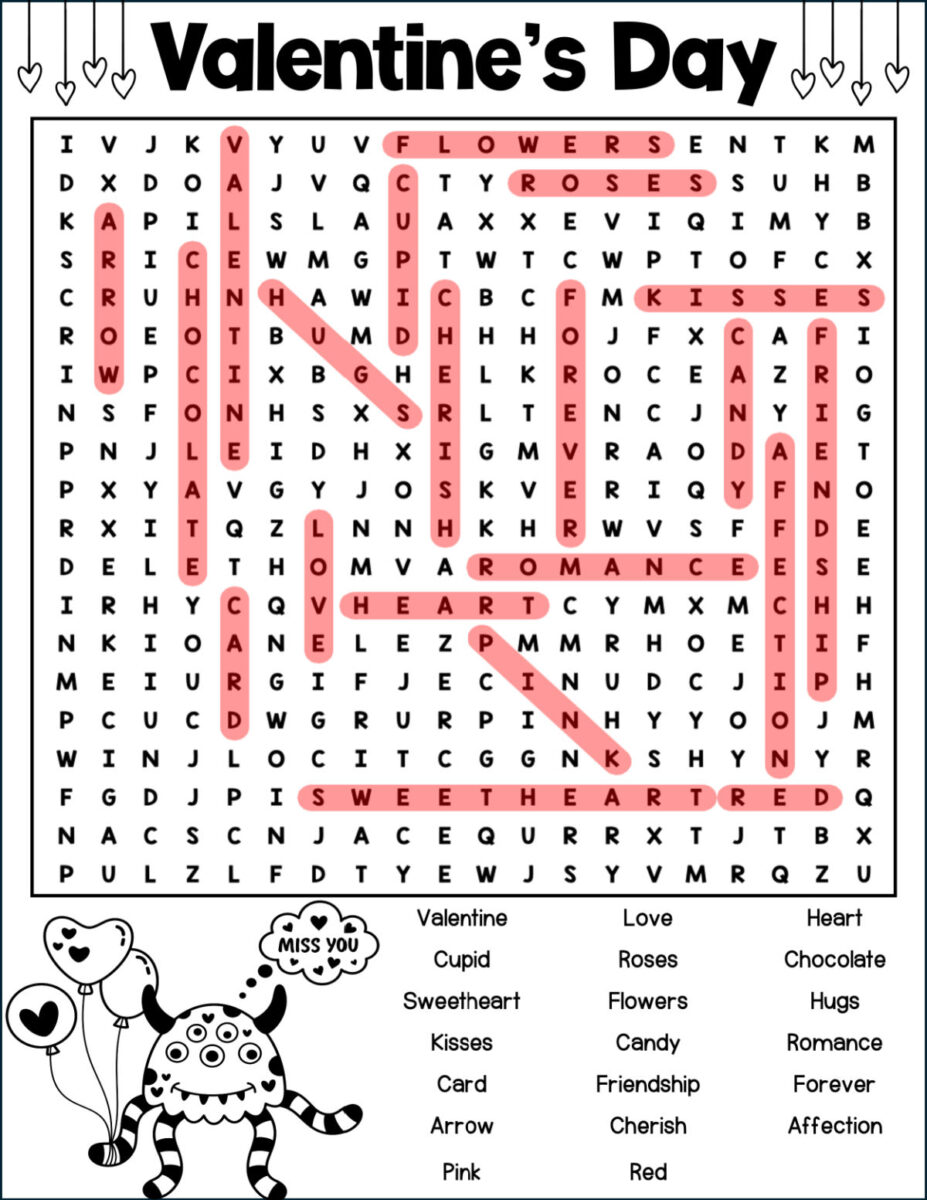 Valentine's Day Word Search Free Printable for Kids