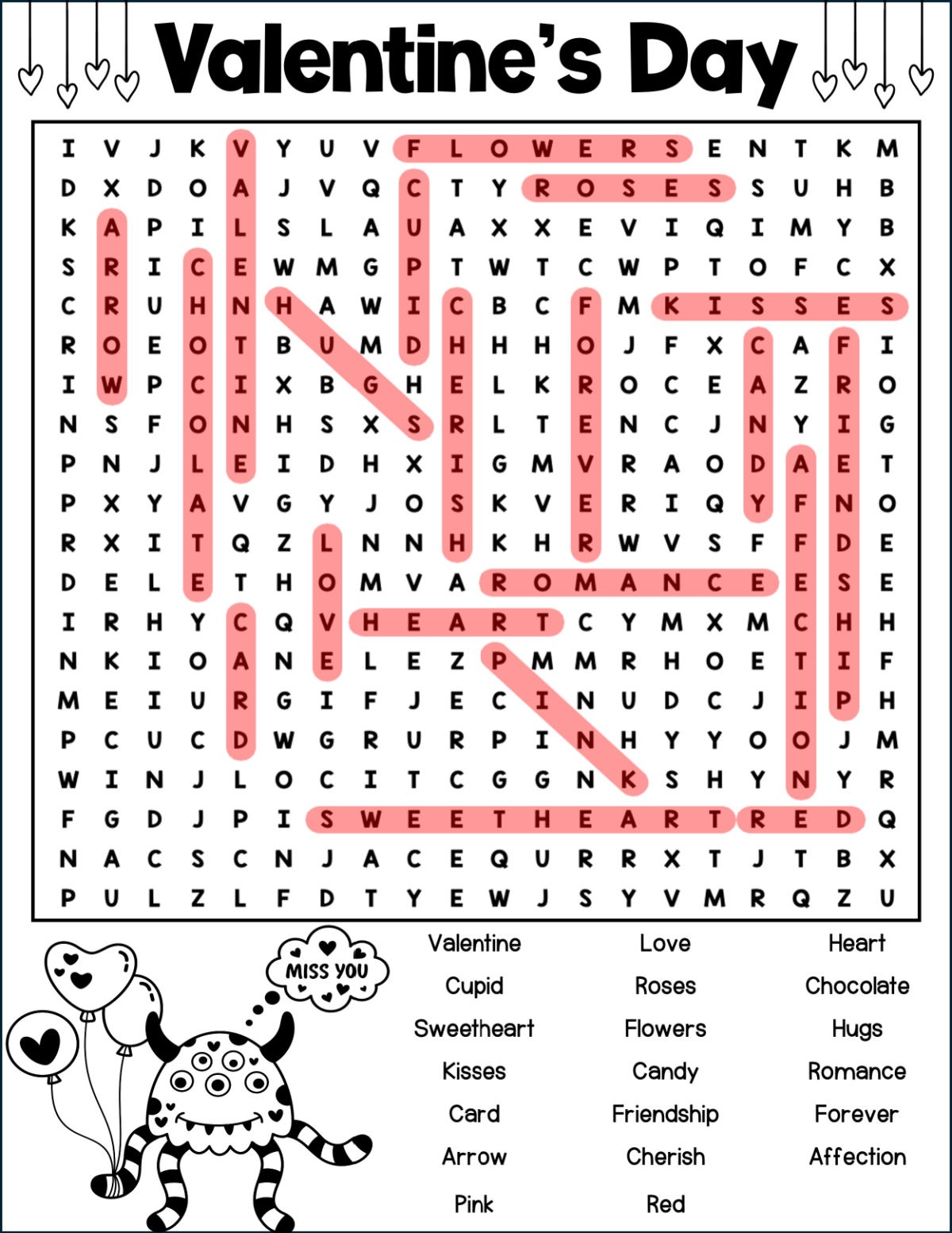 Valentine's Day Word Search Free Printable for Kids