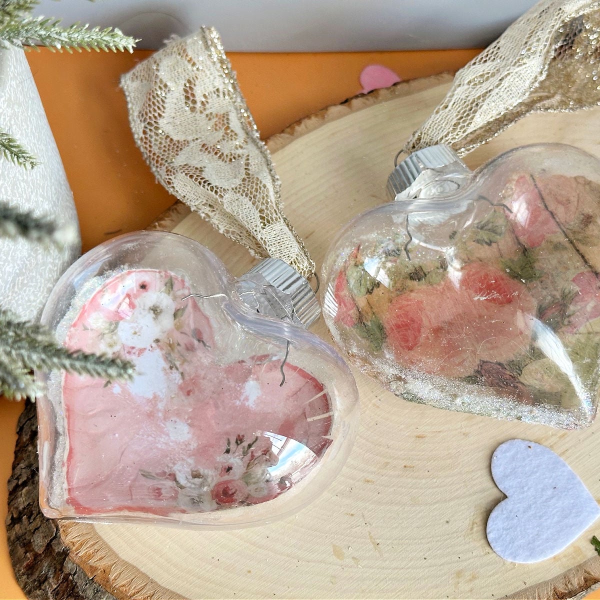 Reverse Decoupage Heart Ornaments Tutorial - Our Crafty Mom